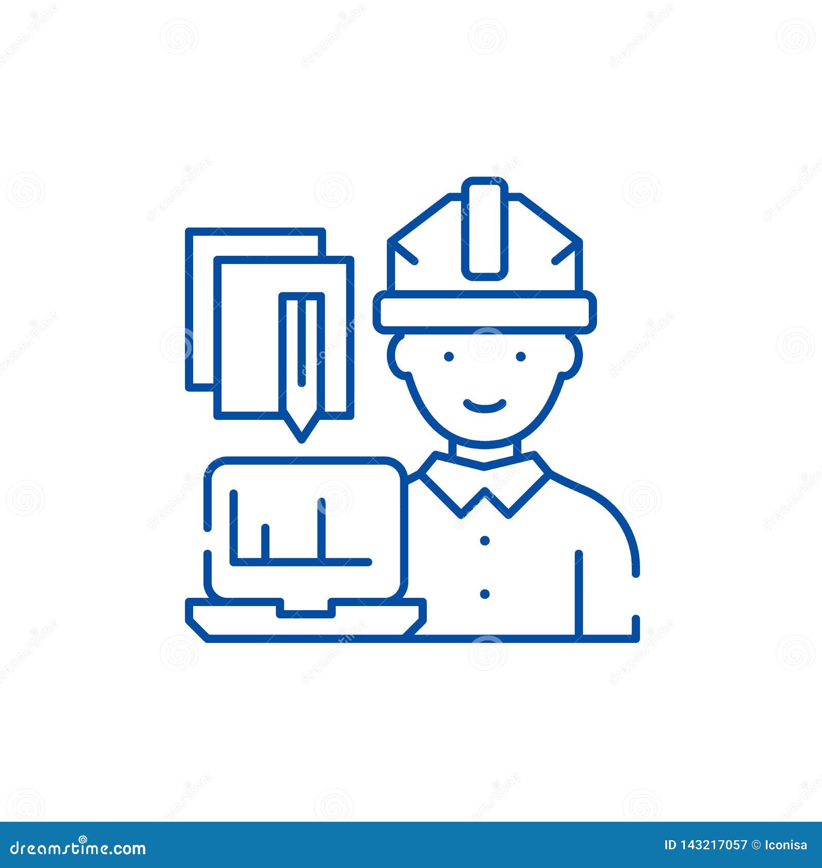 Engineer and Computer Line Icon Concept. Engineer and Computer Flat ...