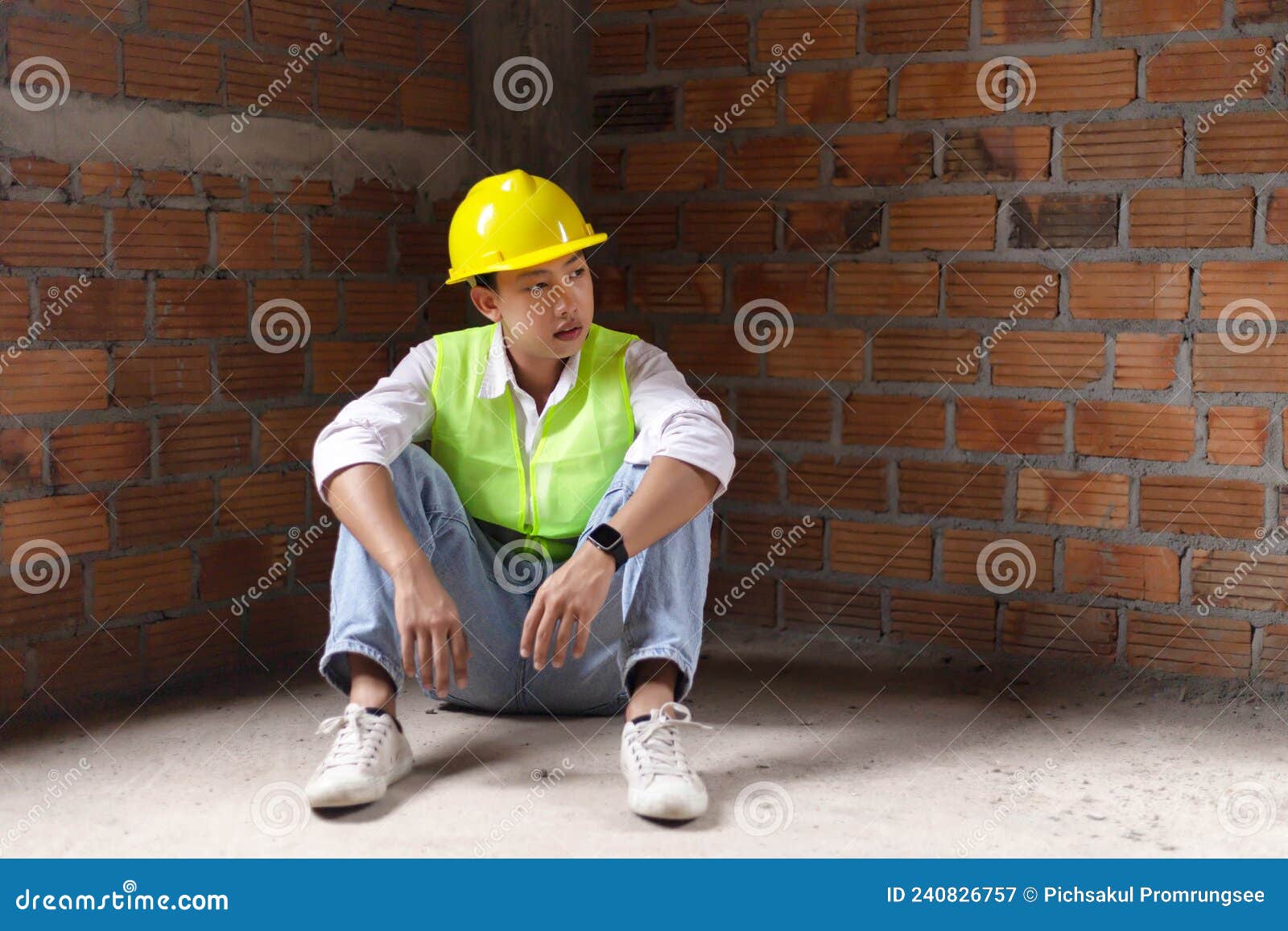 Engineer Concept the Builder Sitting at the Corner of the Building with ...