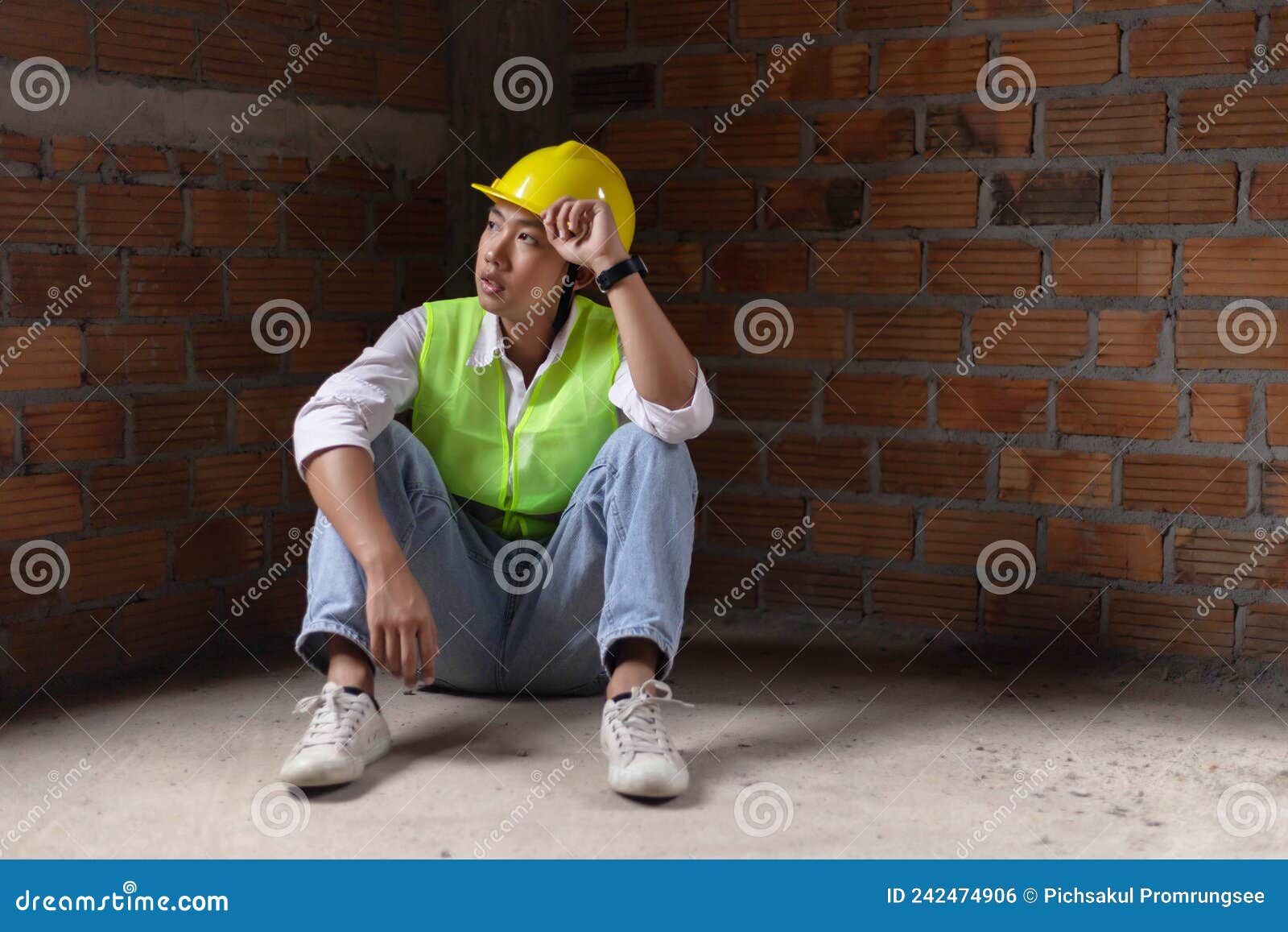 Engineer Concept the Builder Sitting at the Corner of the Building with ...