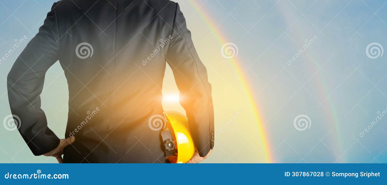 Engineer Concept Holding a Safety Helmet Rainbow Sky a Background Stock ...