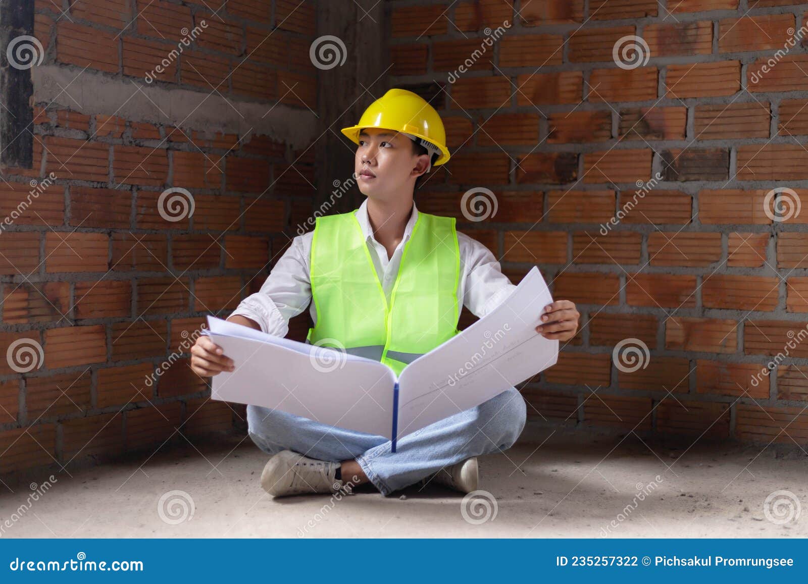 Engineer Concept the Male Constructor Taking a Seat on the Floor and ...