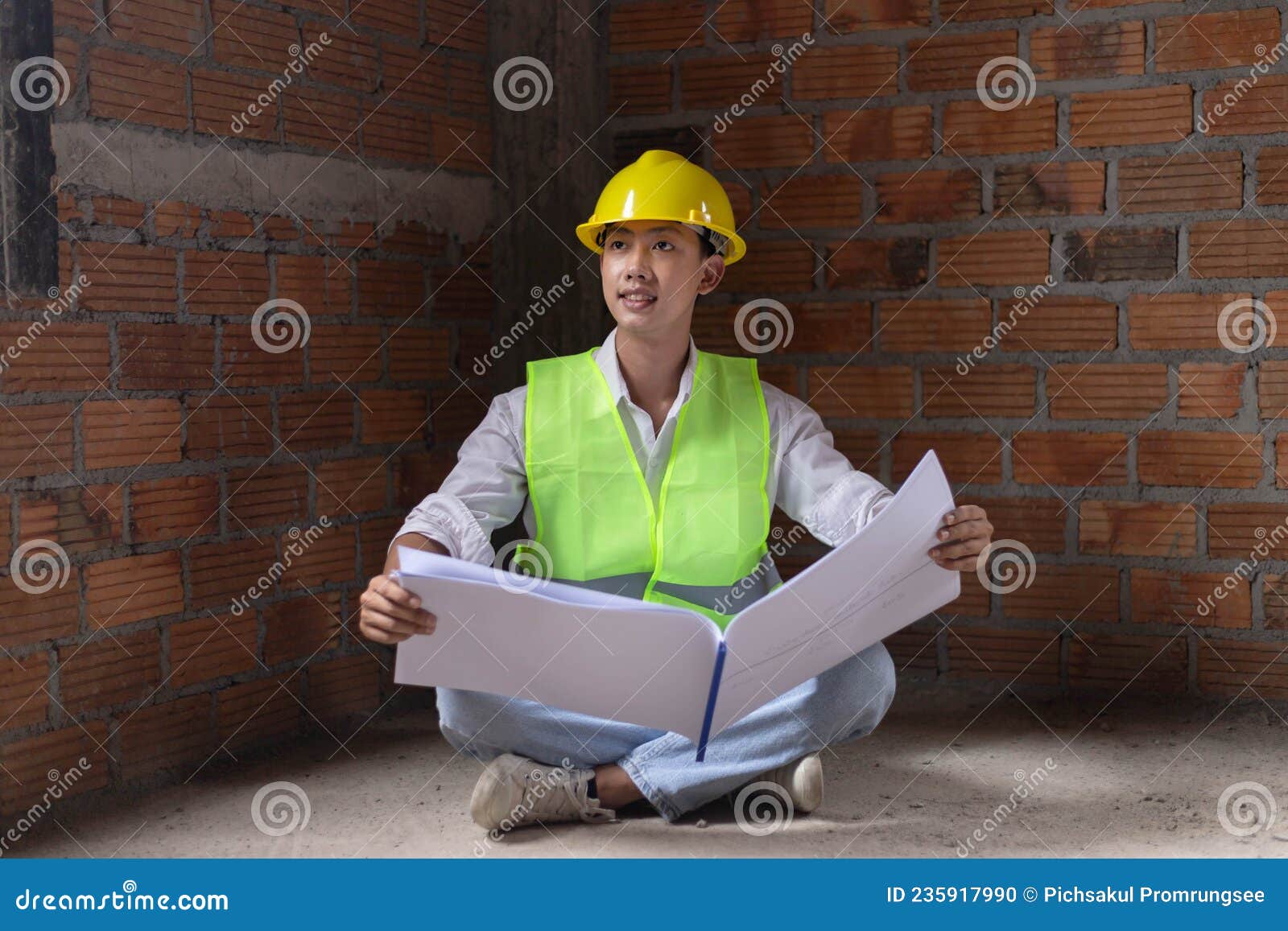 Engineer Concept the Male Constructor Taking a Seat on the Floor and ...