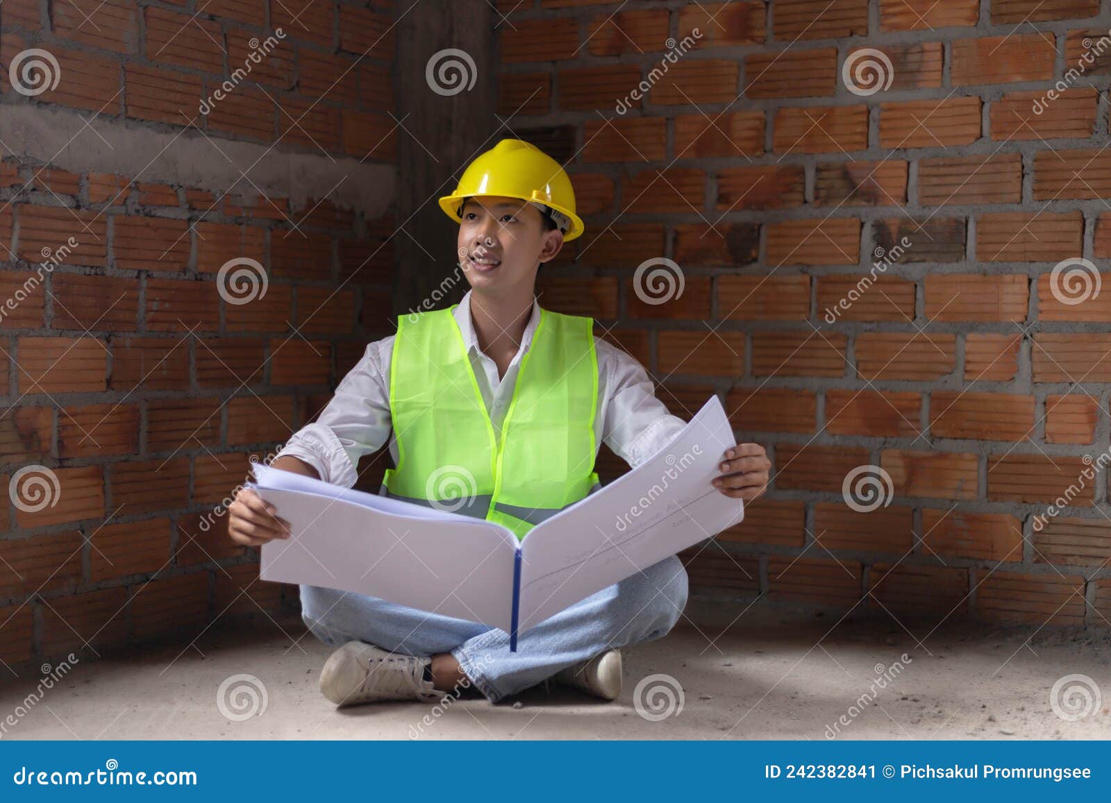 Engineer Concept the Male Constructor Taking a Seat on the Floor and ...