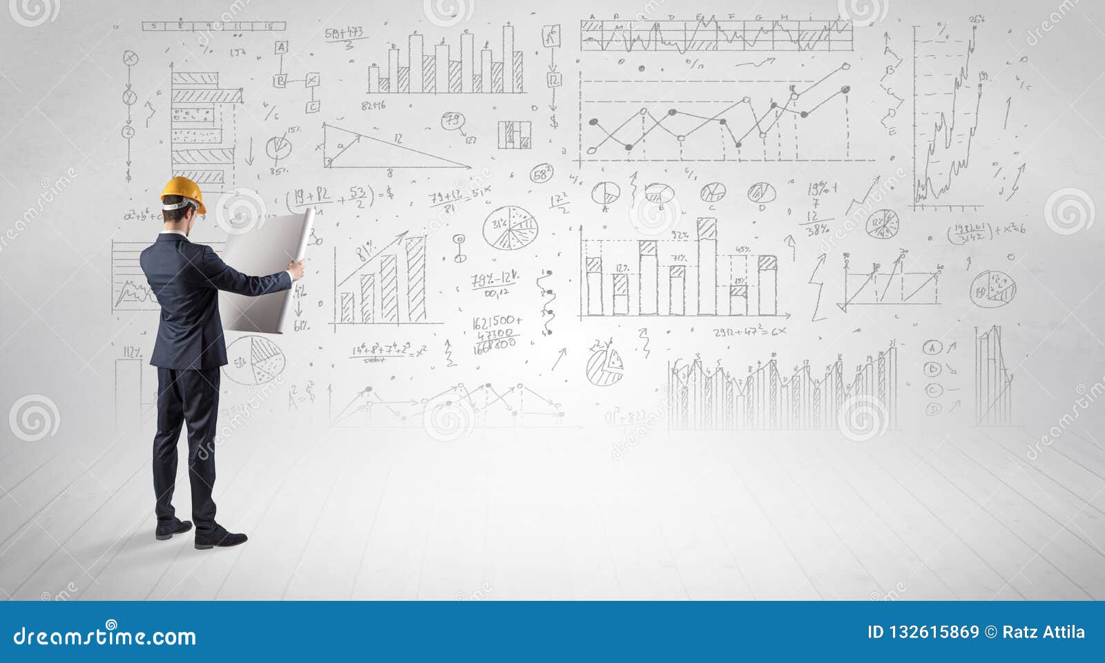 Engineer Holding a Plan and Standing with Graphs, Charts and Reports on ...