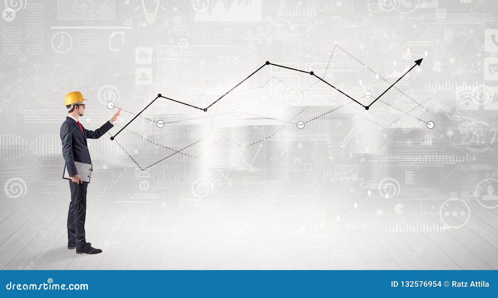 Engineer Holding a Plan and Standing with Graphs, Charts and Reports on ...