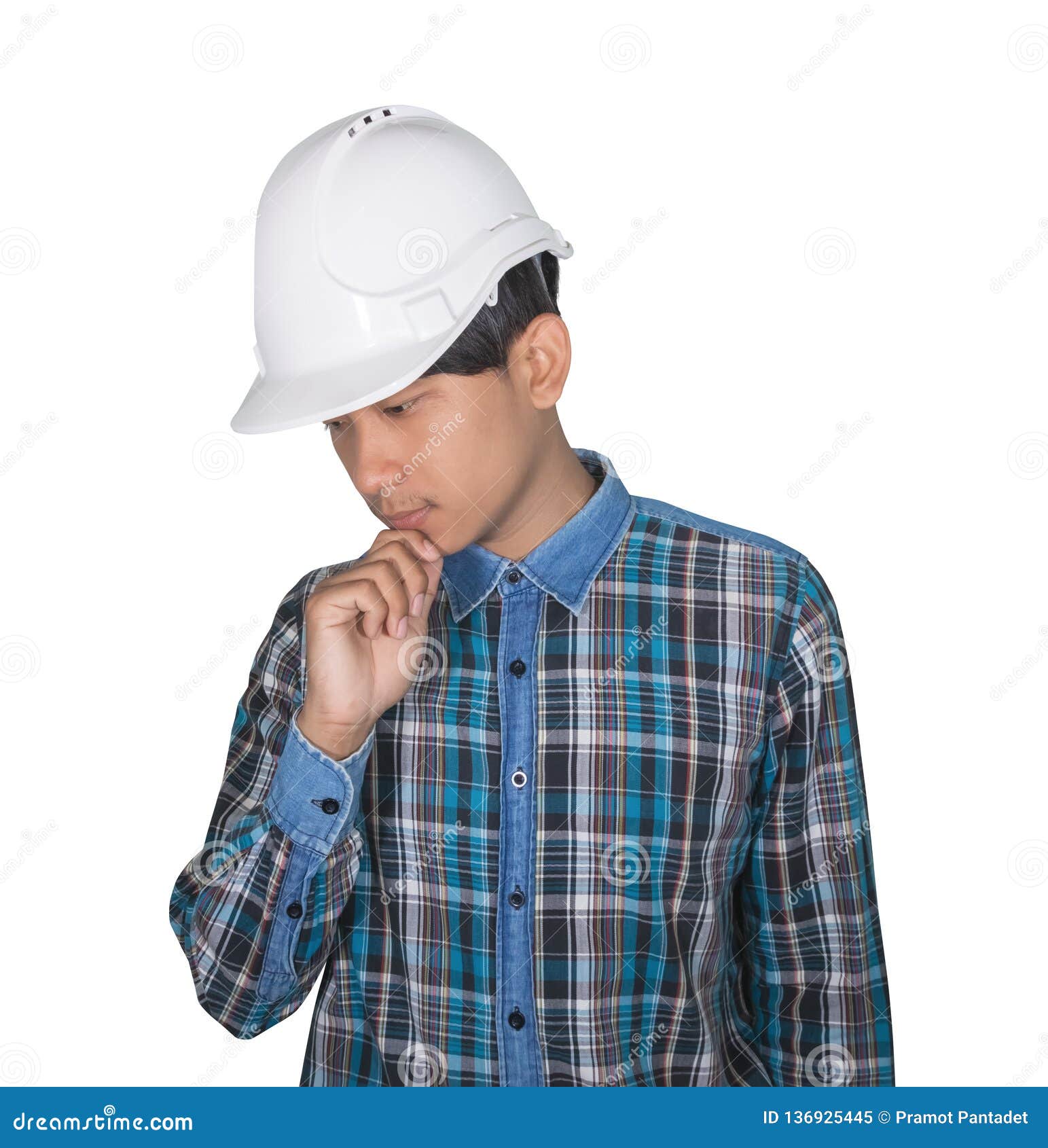 Engineer Construction Man Thinking and Wear White Safety Helmet Plastic ...