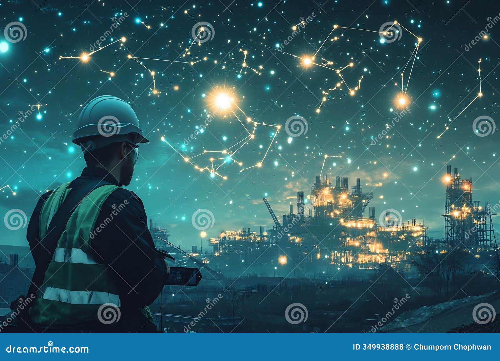 Engineer on Construction Site during Dramatic Solar Eclipse with ...