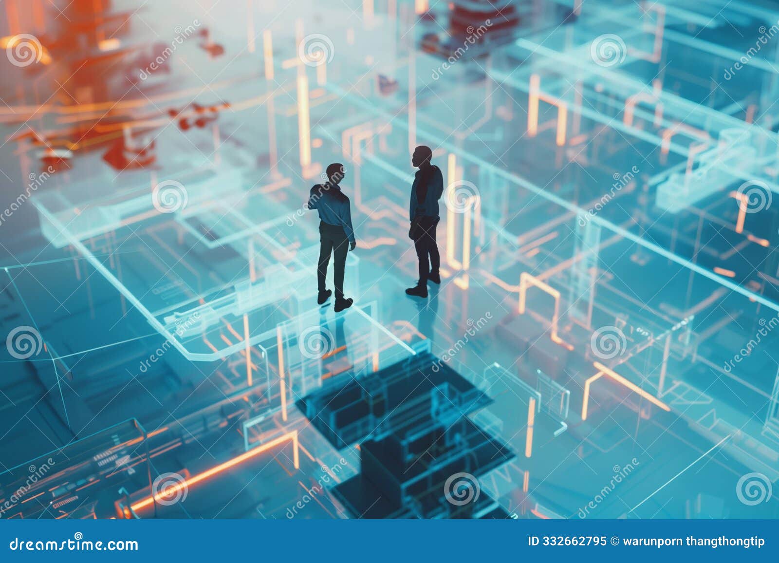 Engineer Construction Worker Using Futuristic Holographic Technology ...