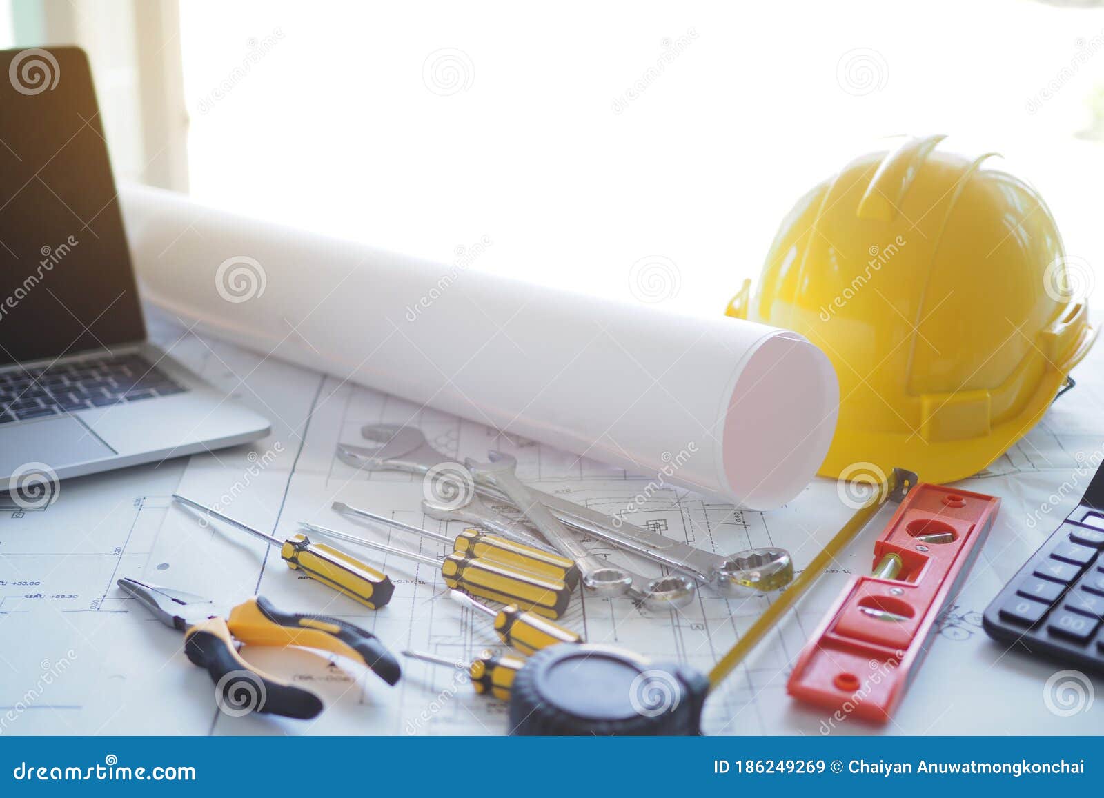 Engineer Contractor Desk.Drawing and Tooling Put on the Table for ...