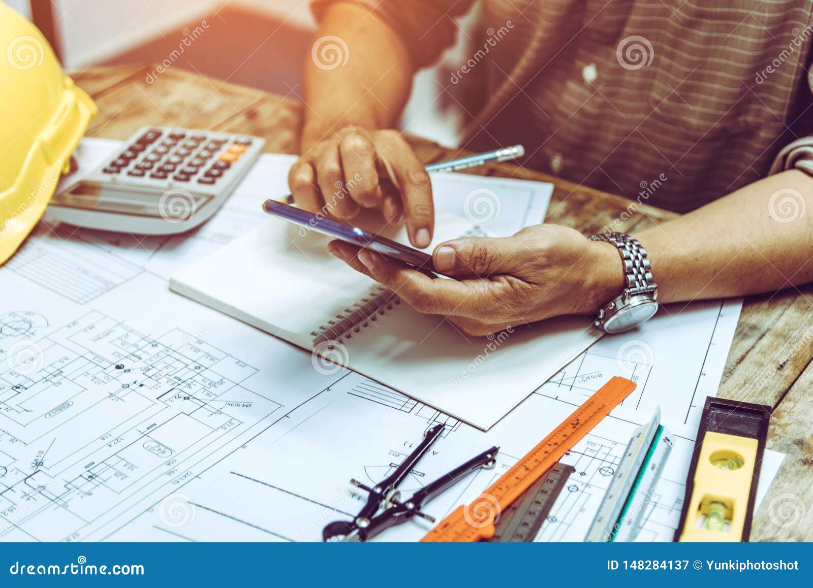 Engineer Contractor Using Phone at Site Working Stock Image - Image of ...