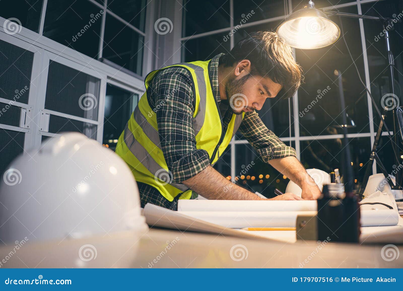 Engineer Contractor Working Overtime in Office. Stock Photo - Image of ...