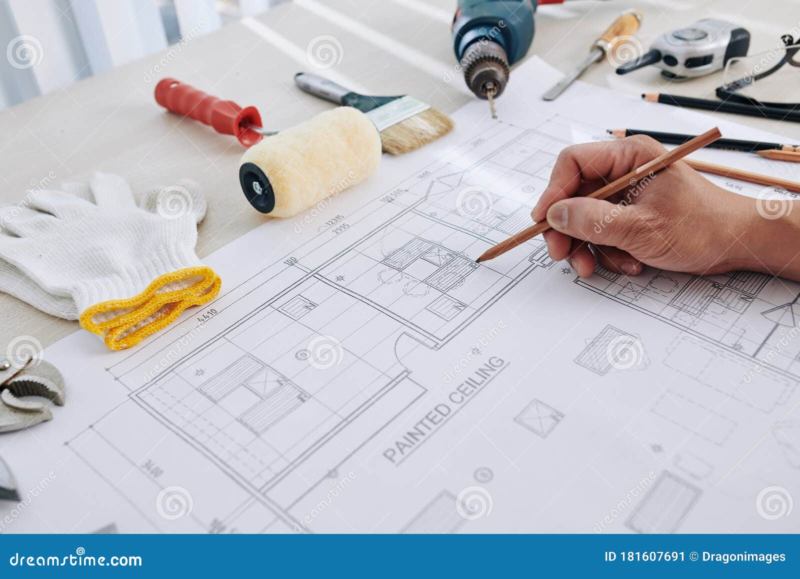 Engineer Correcting Building Blueprint Stock Image - Image of room ...