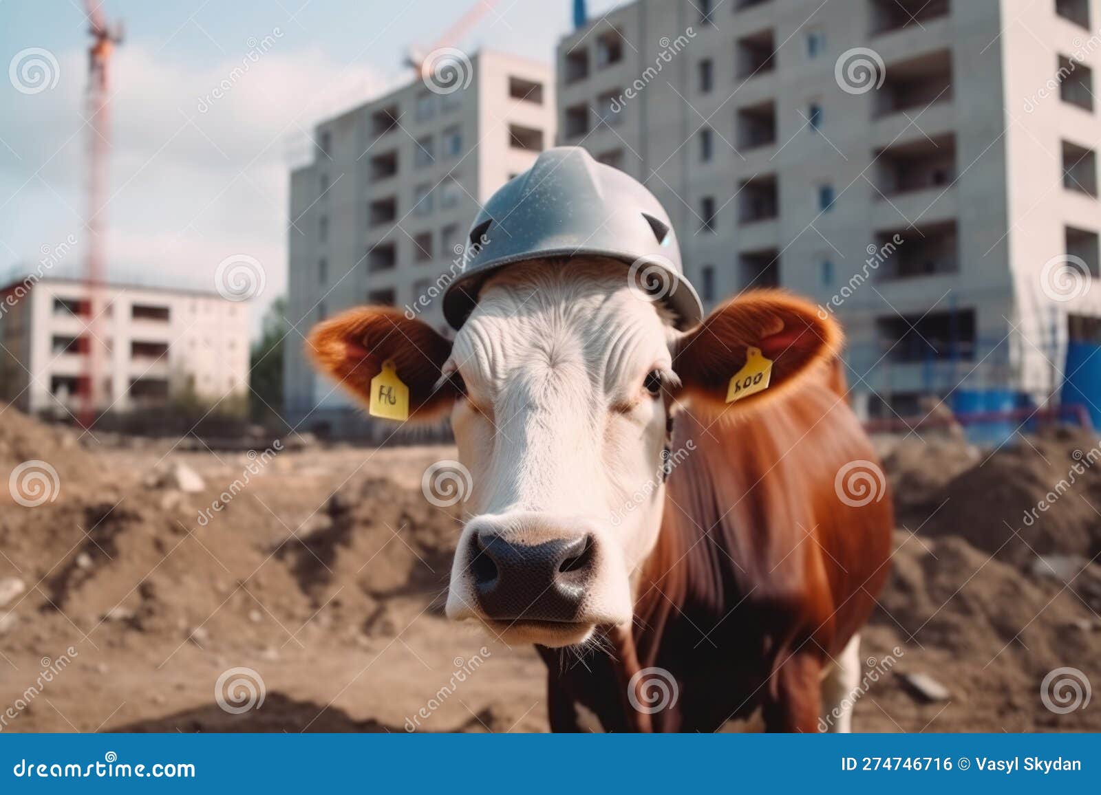 Engineer Cow in a Work Helmet on a Construction Site. Construction of a ...