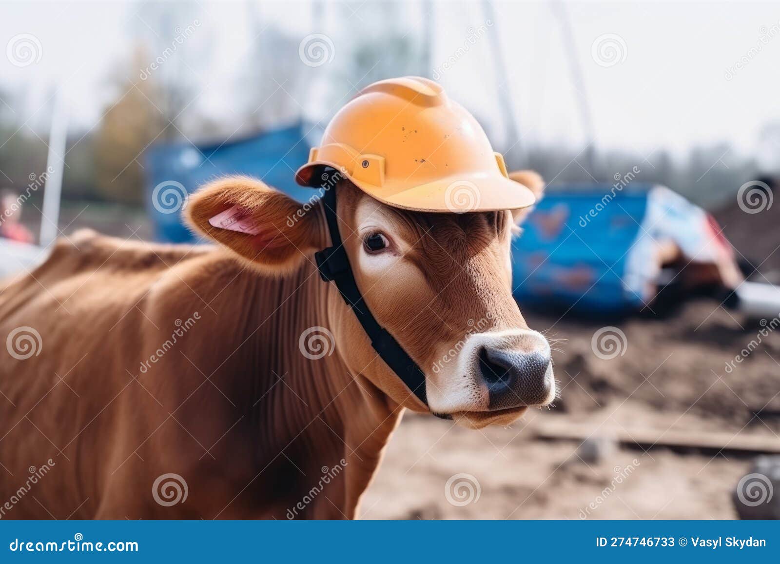Engineer Cow in a Work Helmet on a Construction Site. Construction of a ...
