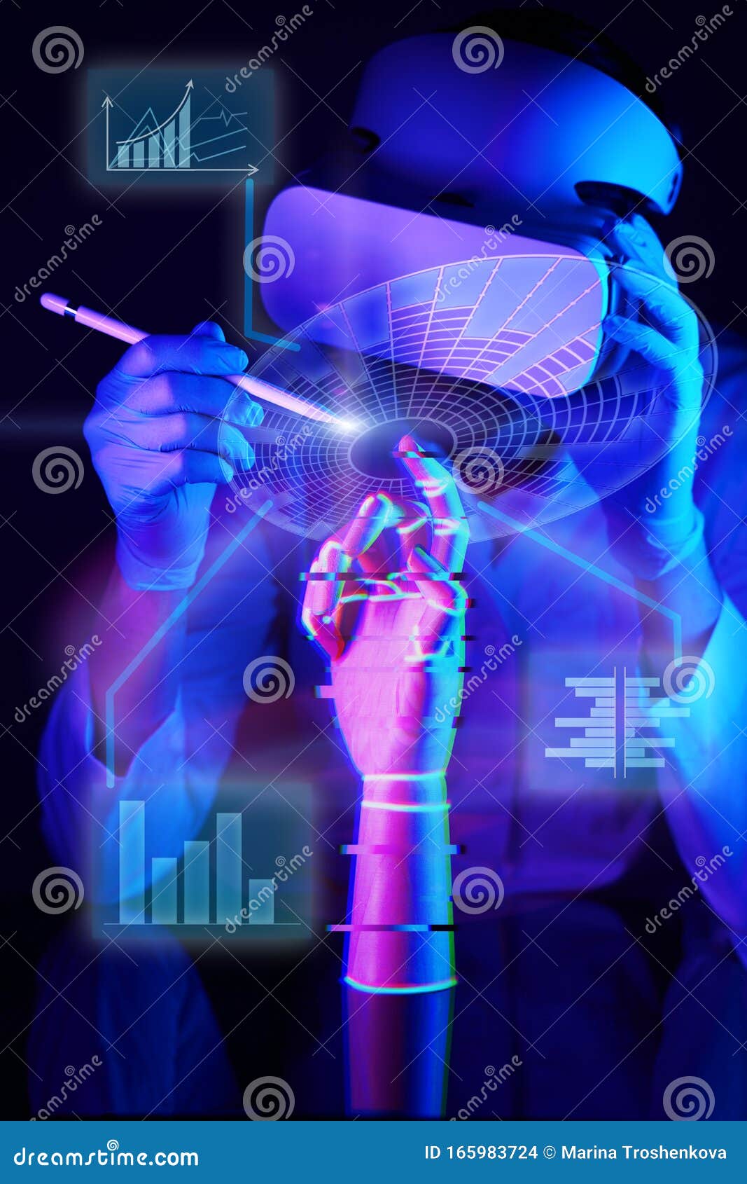 Engineer Creates a Robotic Arm. Concept of Cyber Communication and ...