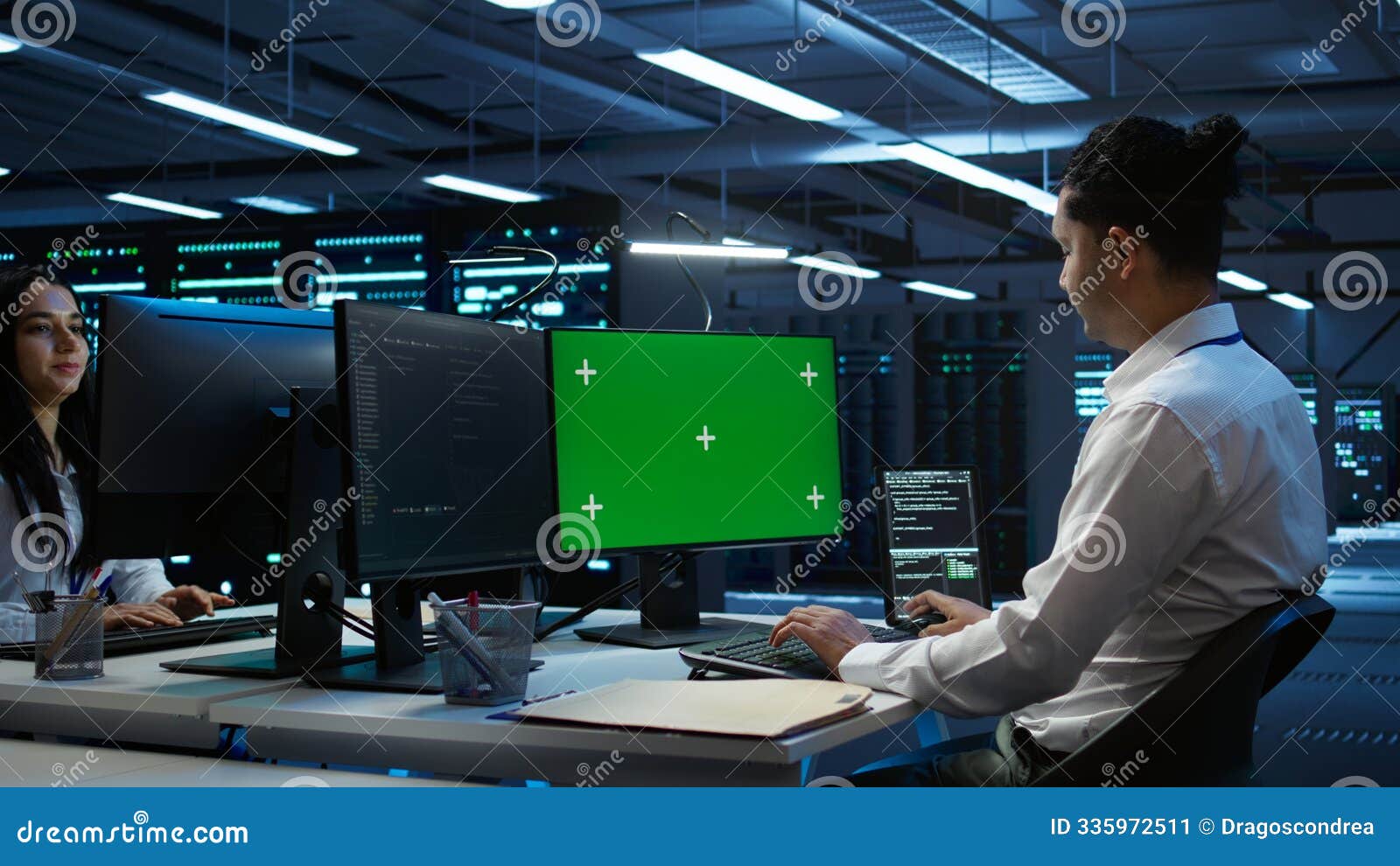 Engineer In Data Center Monitoring Security Threats Using Mockup Computer Stock Image Image Of