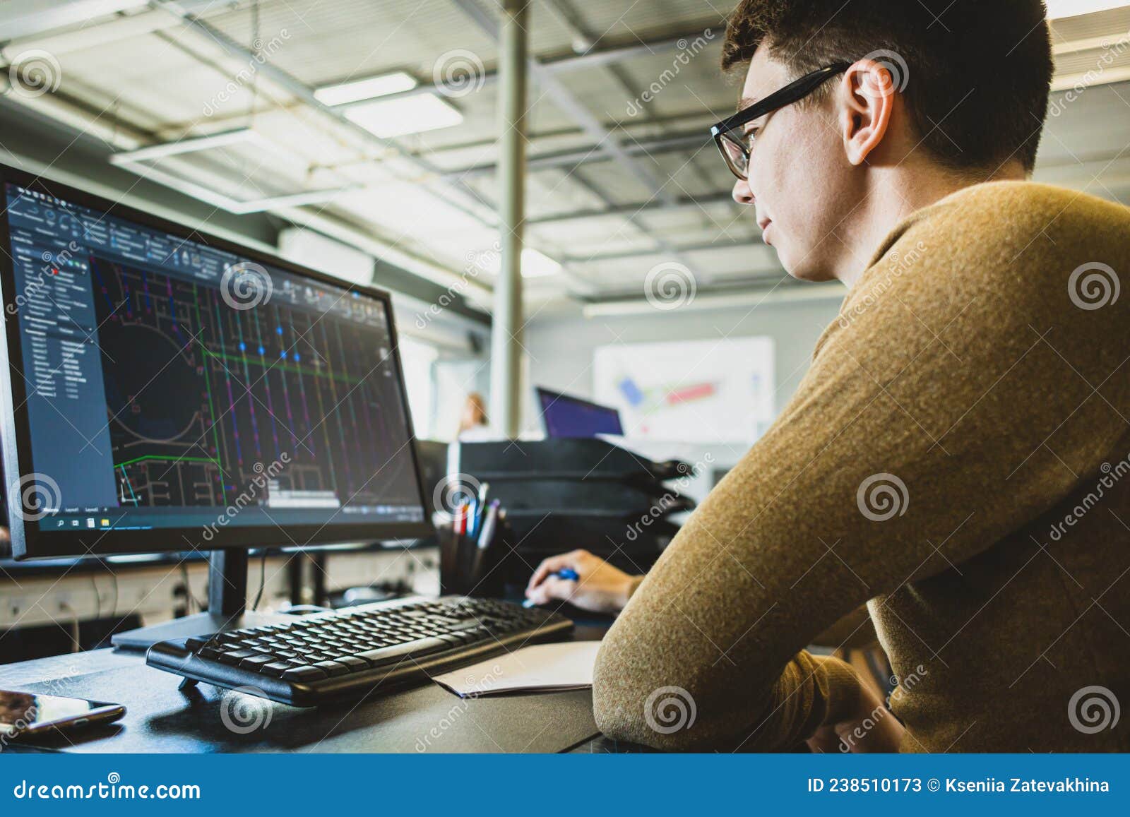 Engineer Designer Working on Desktop Computer in Factory Stock Image ...