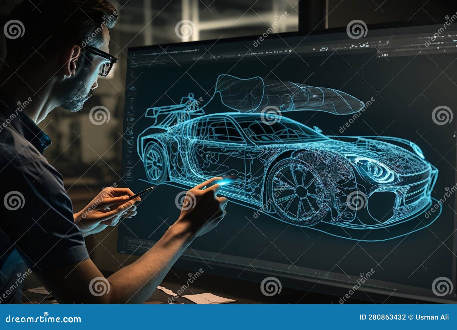 Engineer Designing Electric Car in High-Tech Lab Using Augmented ...