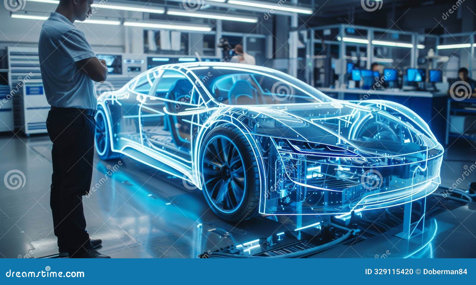Engineer Designing a Holographic Electric Car Prototype in High-tech ...