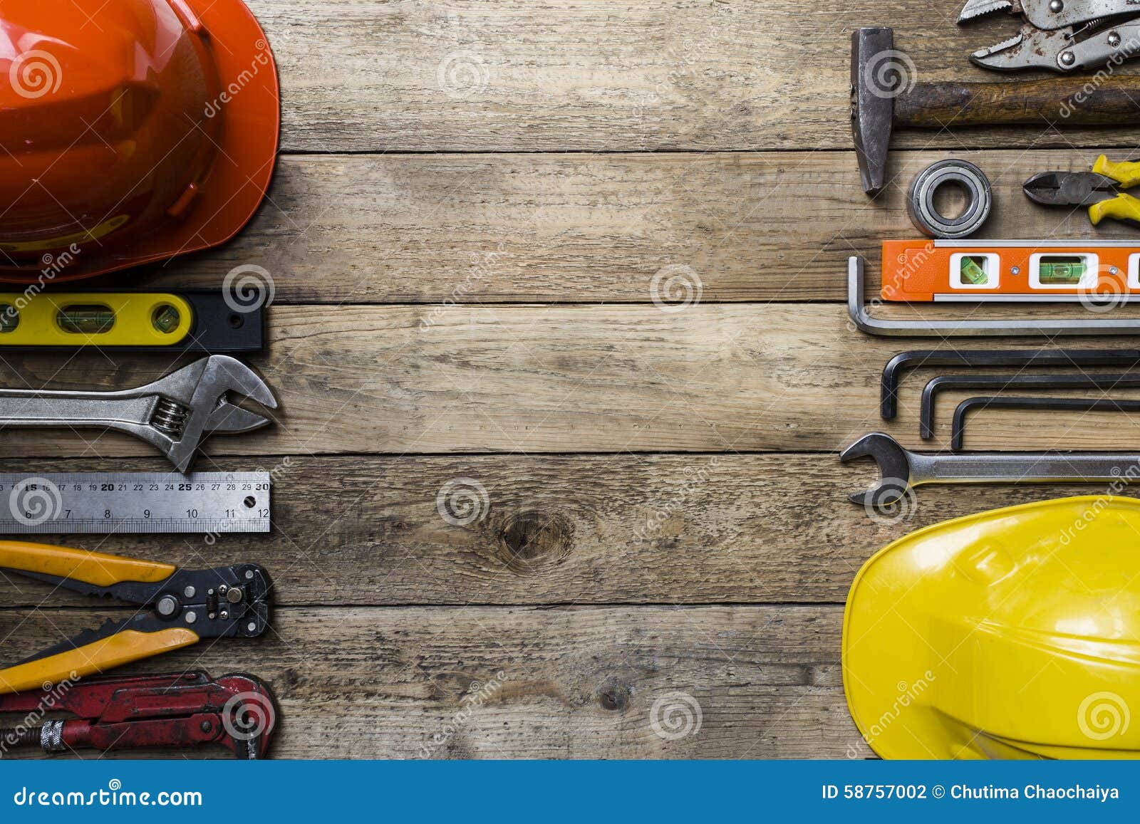 Engineer`s Desk With Blank Paper, Expansion Keys, Nuts, Screws, Tools ...
