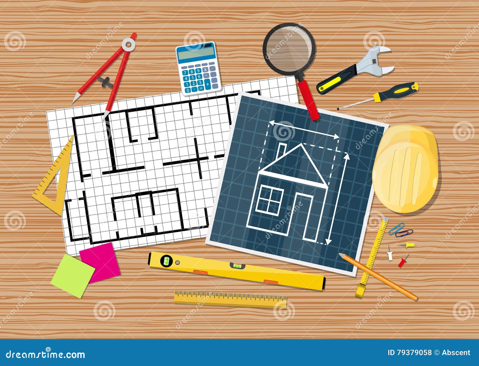 Engineer Desk. Blueprint with Tools Stock Vector - Illustration of ...