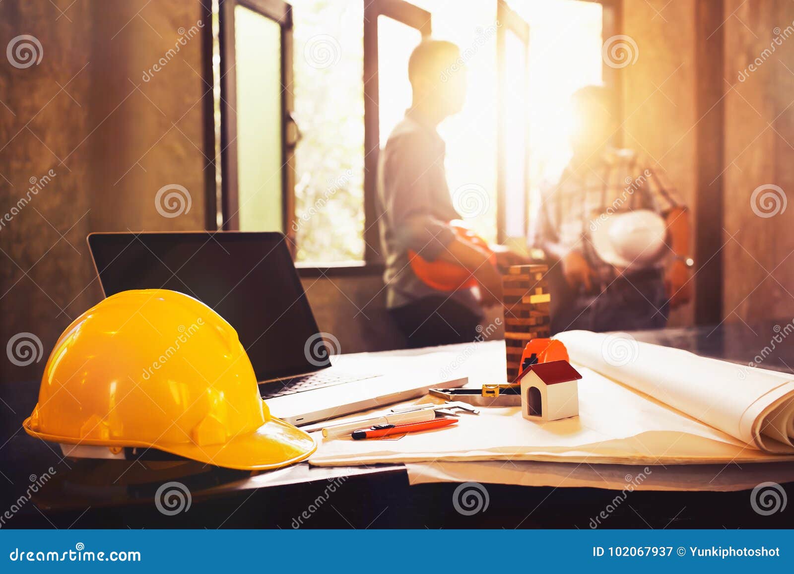 Engineer Desk with Object and Paper with Blurry Engineer Teamwork ...