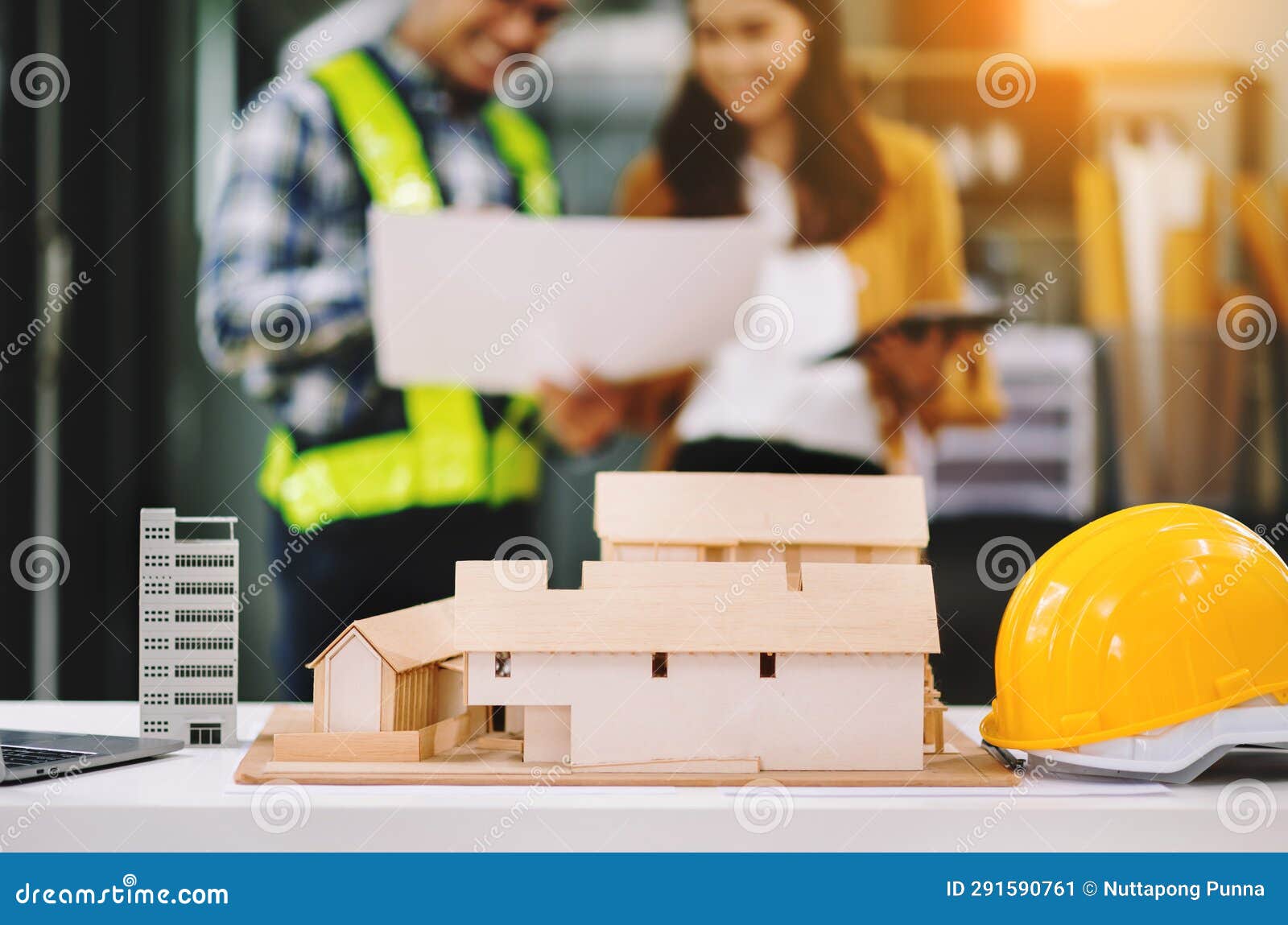 Engineer Desk with Object Paper and Tablet with Blurry Engineer ...