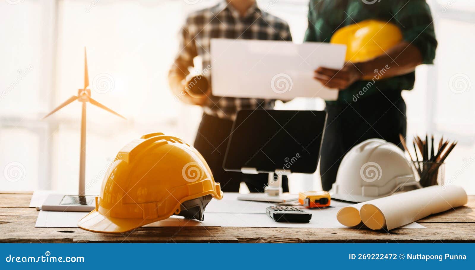 Engineer Desk with Object Paper and Tablet with Blurry Engineer ...