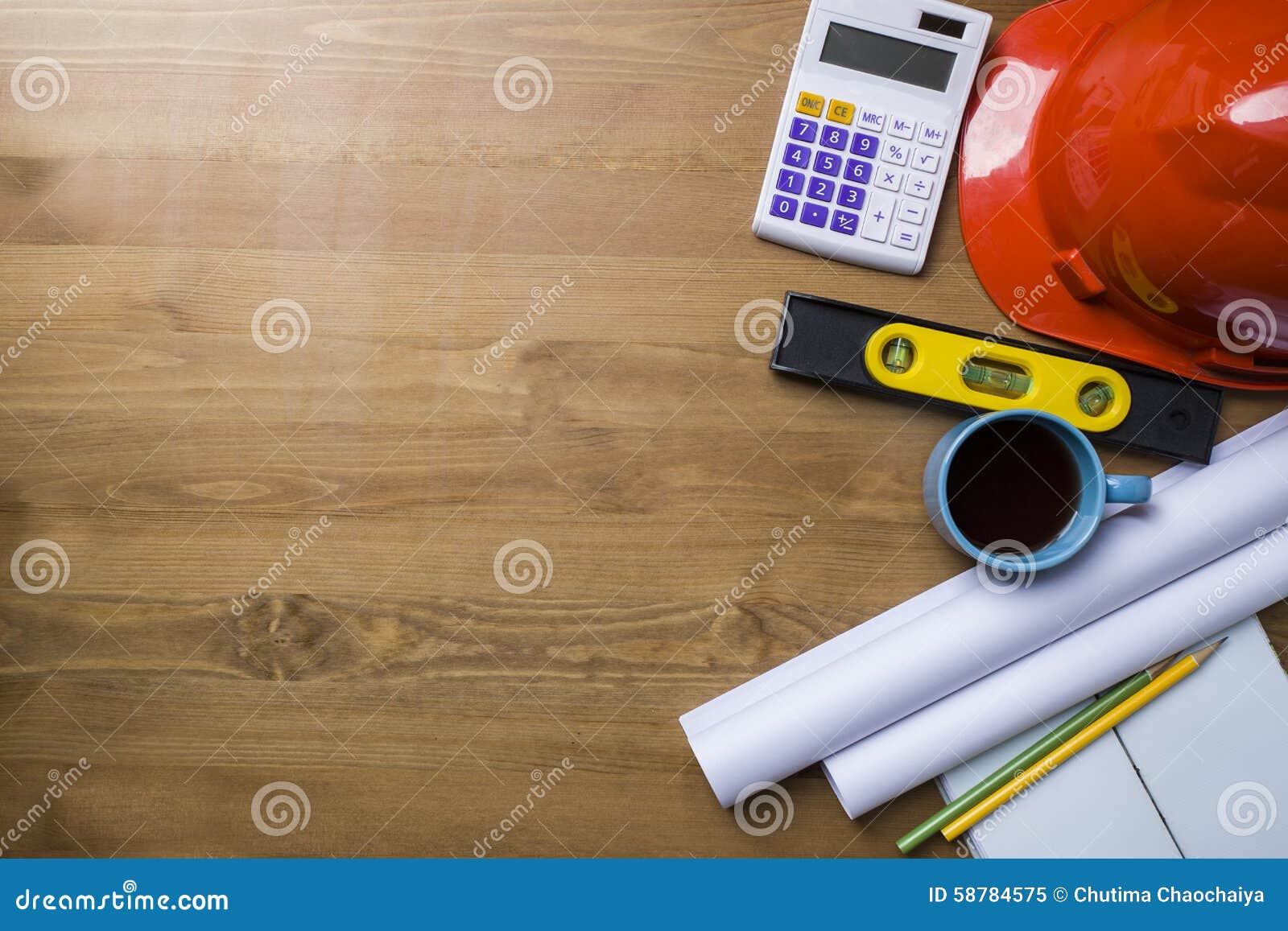 Engineer`s Desk With Blank Paper, Expansion Keys, Nuts, Screws, Tools ...
