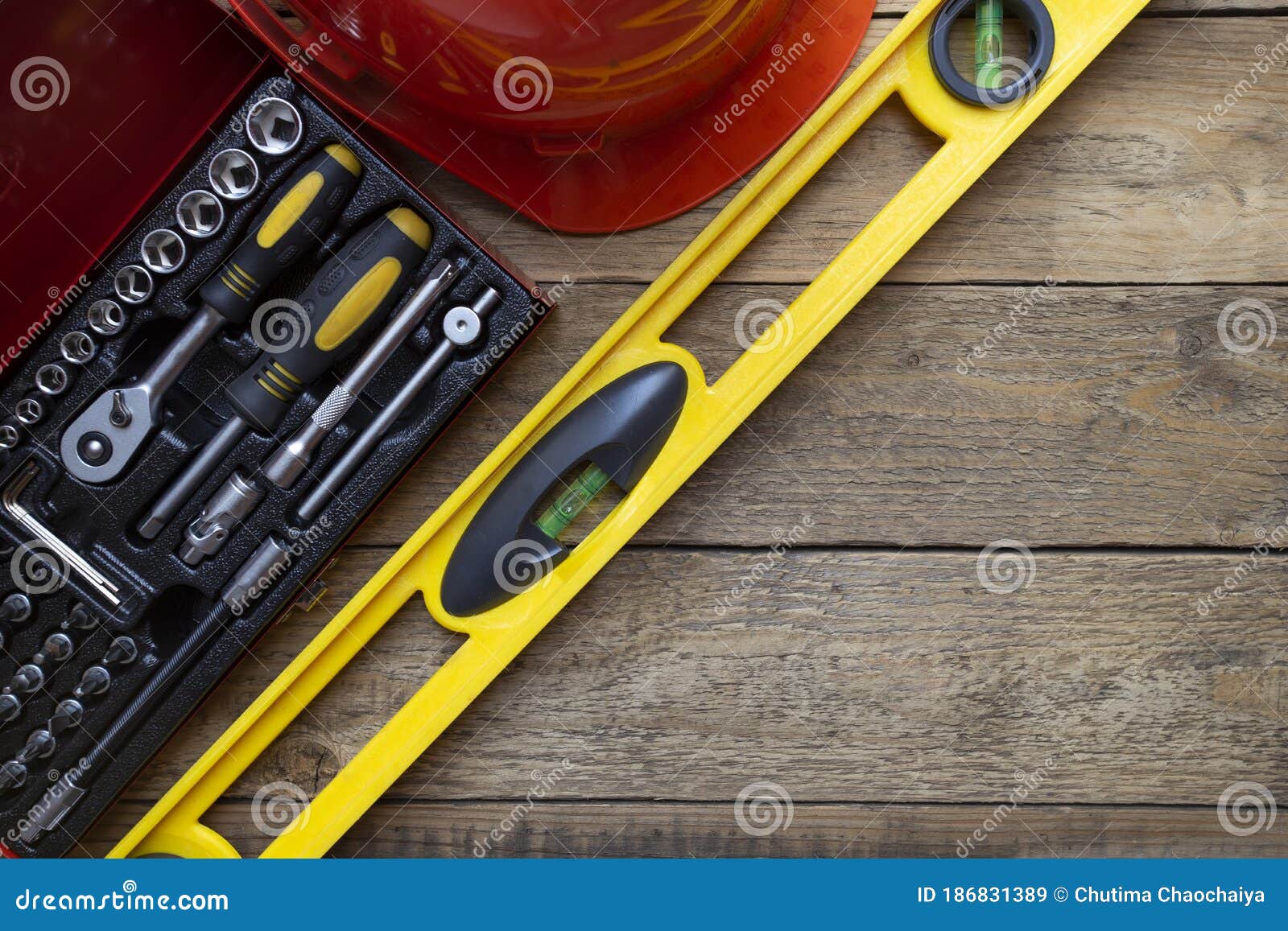 Engineer Desk with Toolbox and Equipment on the Wooden Table Background ...