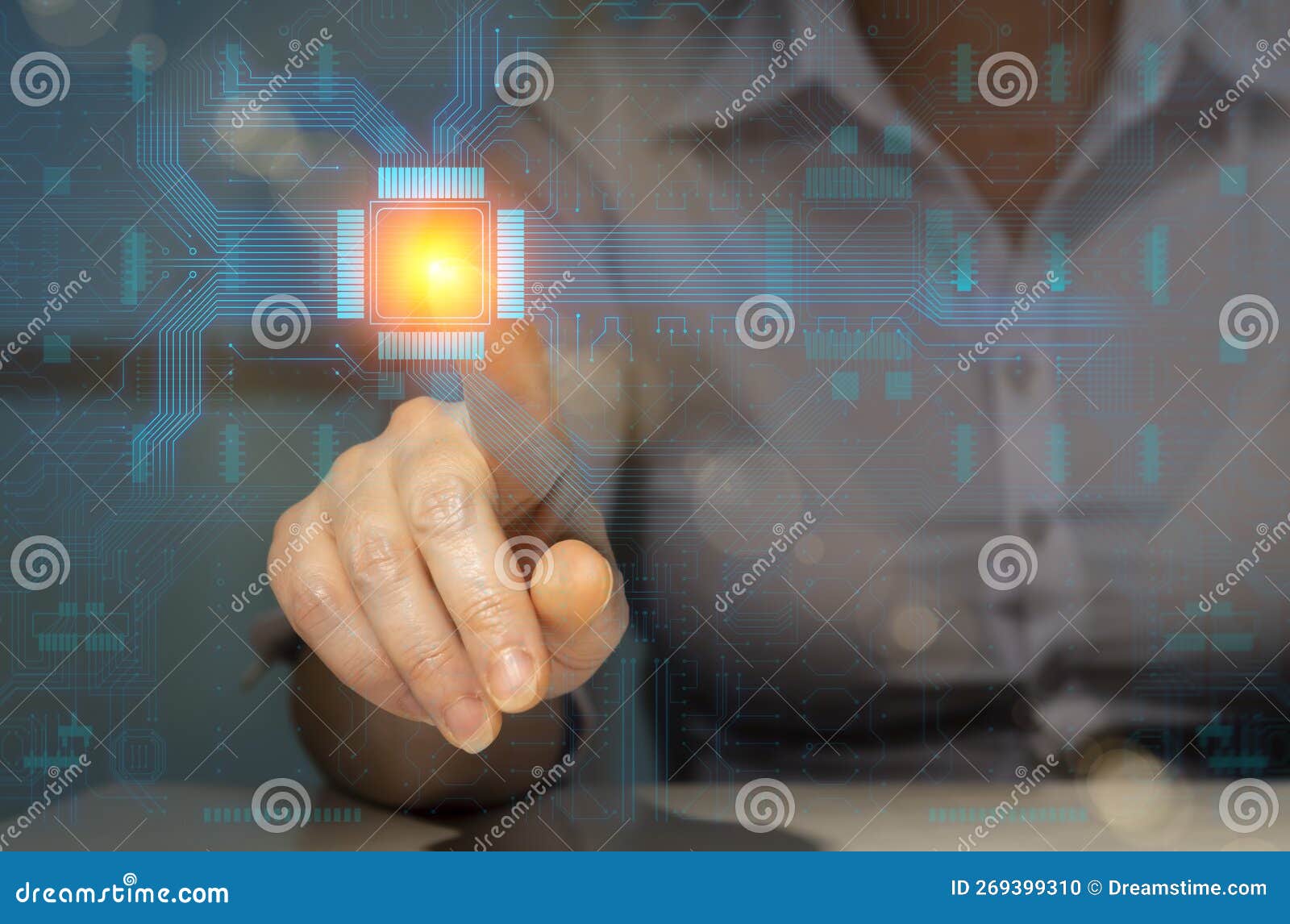 Engineer Developer Clicks on Virtual Microcircuit. Stock Photo - Image ...