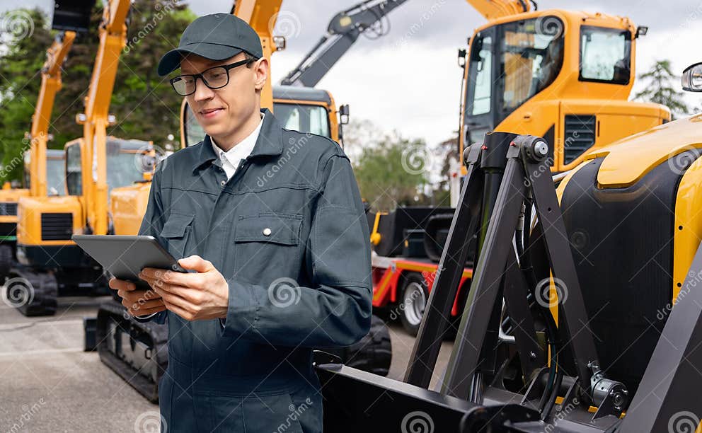 Engineer with a Digital Tablet Stands Next To Construction Excavators ...