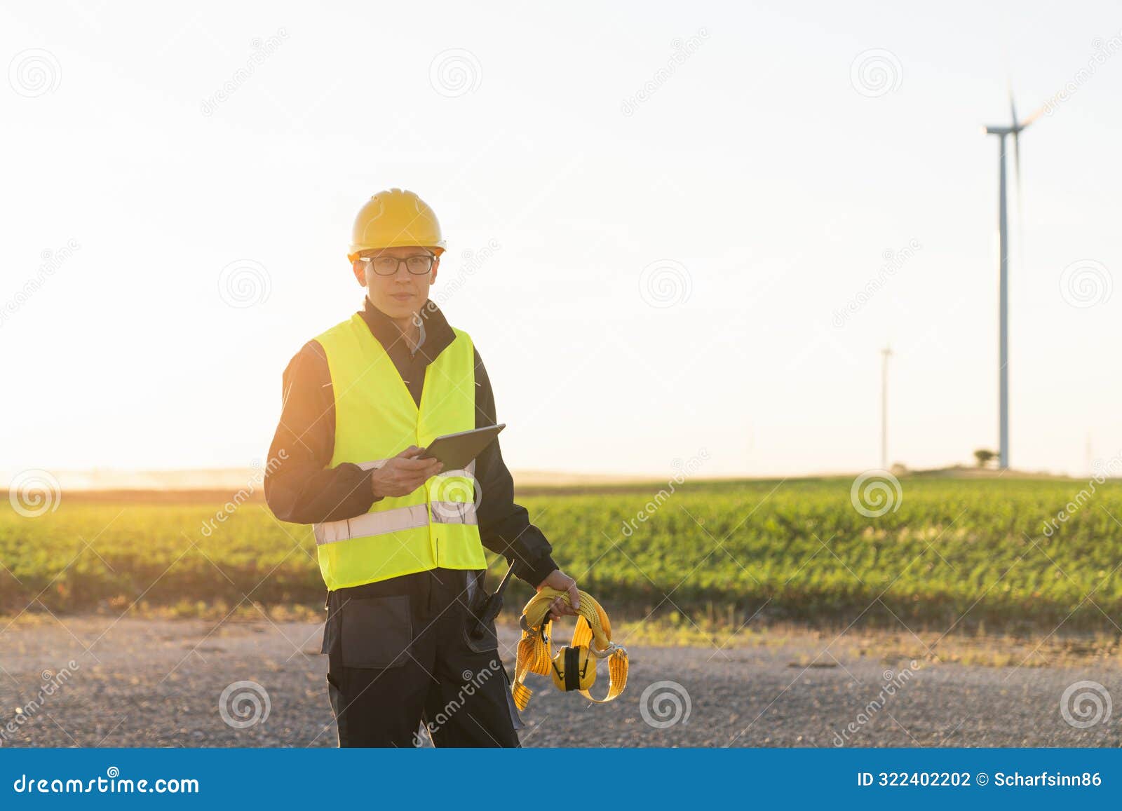 Engineer with Digital Tablet Works on a Field of Wind Turbines Stock ...