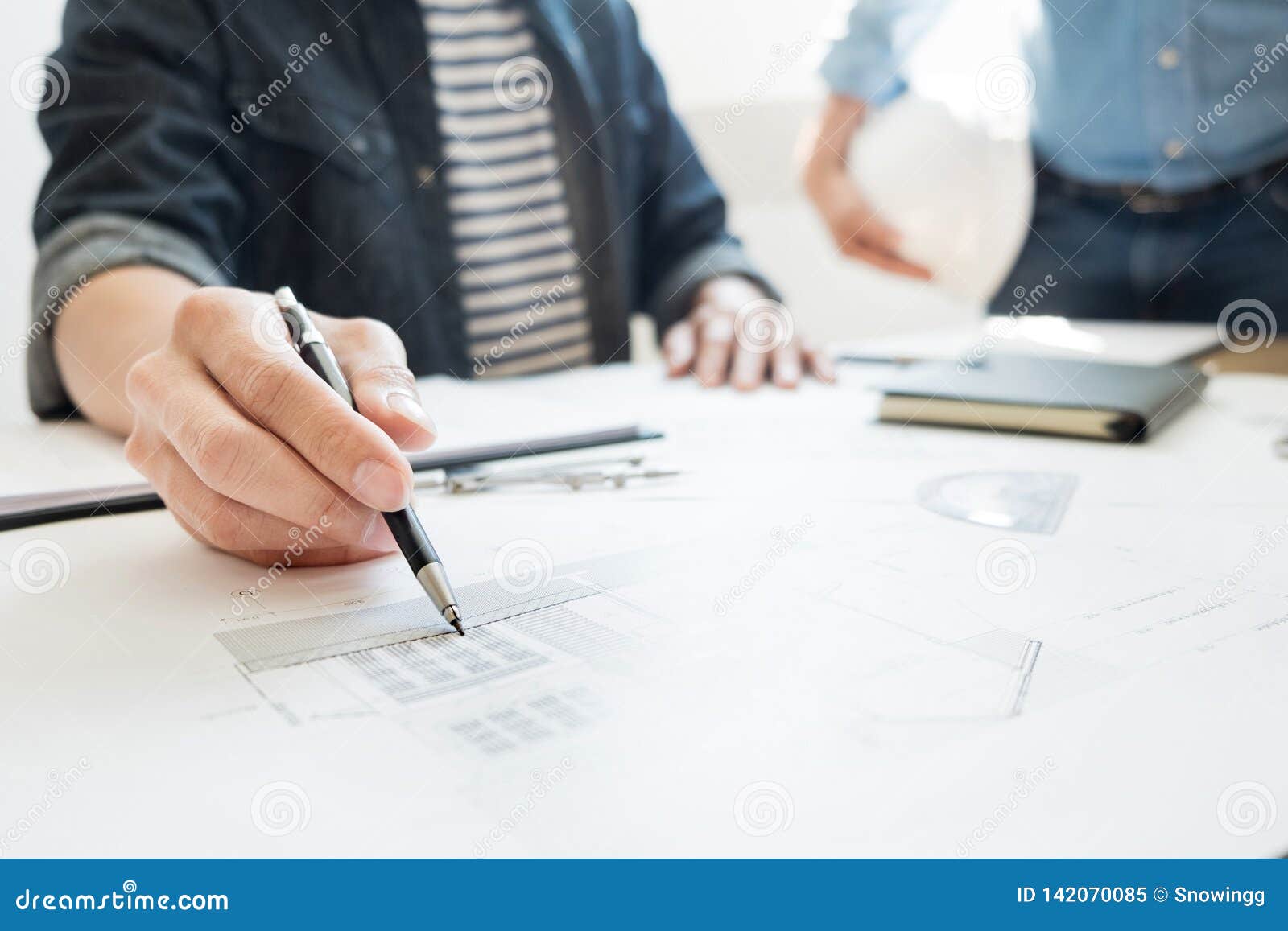 Engineer Discussing Meeting Working on Blueprint Project Architectural ...
