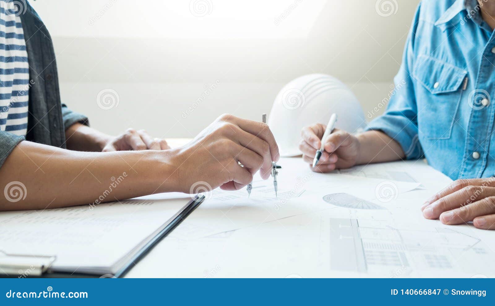 Engineer Discussing Meeting Working on Blueprint Project Architectural ...