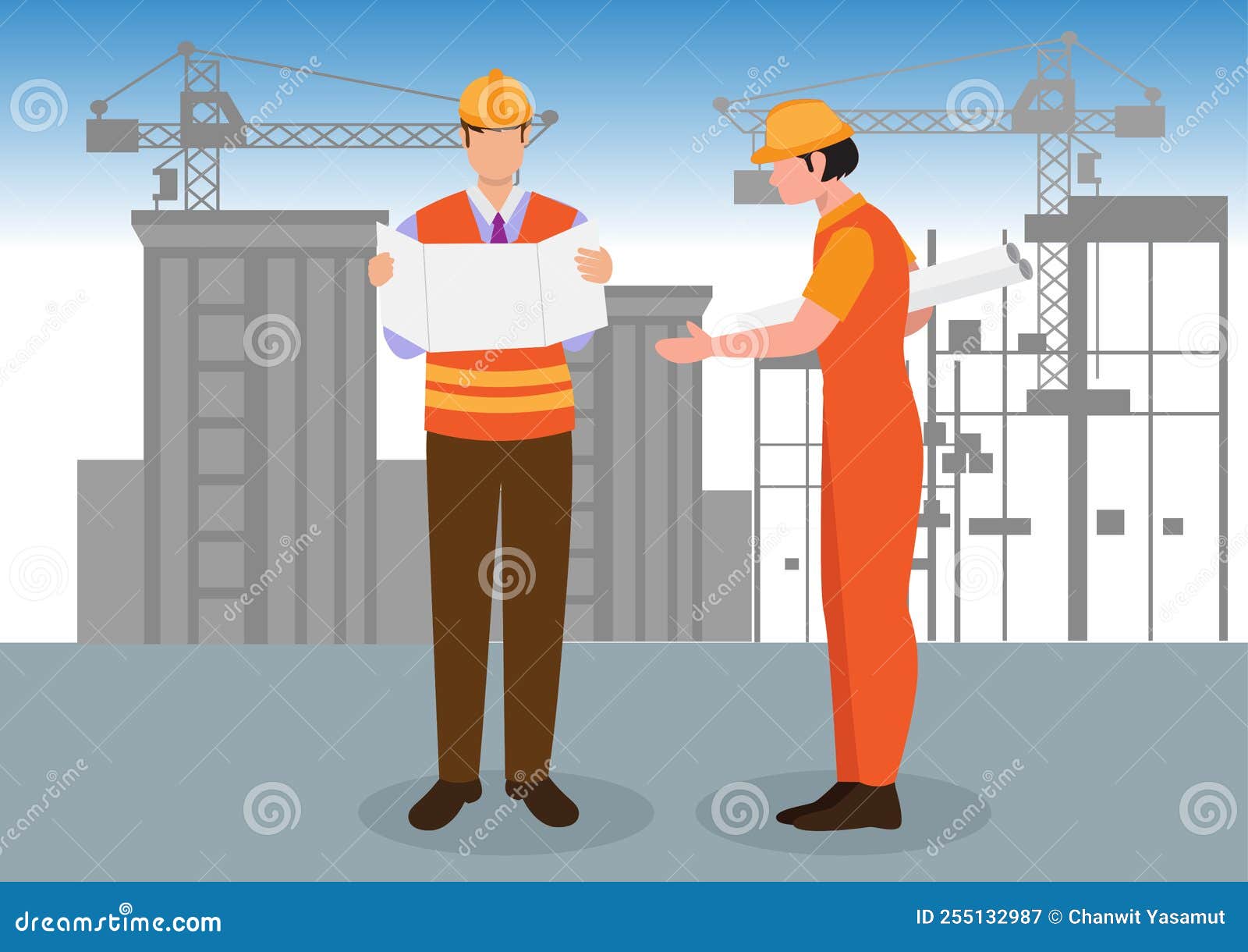 Engineer Discussing Problems at a Construction Site, Flat Vector ...