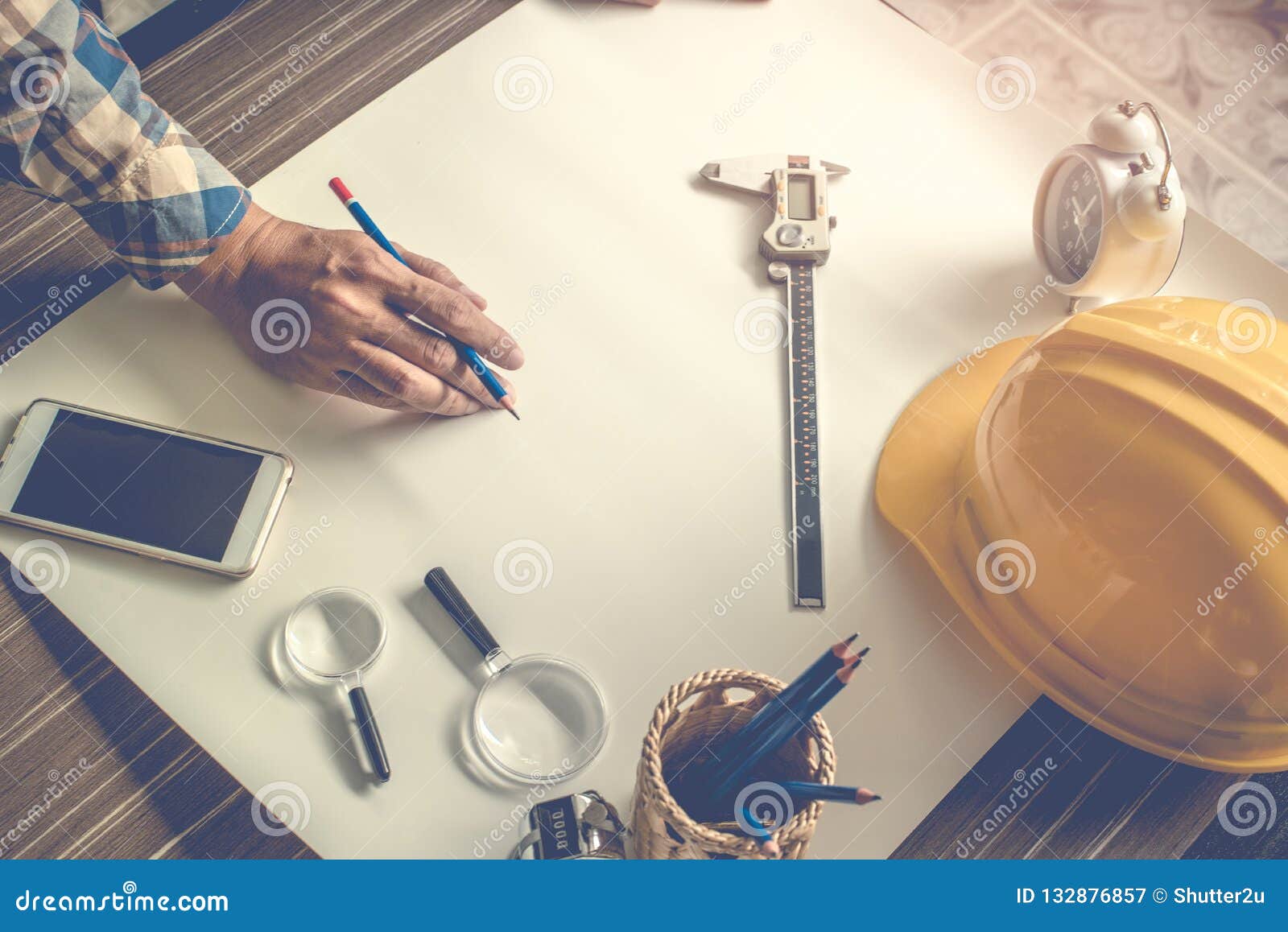 Engineer Doing Blank Draft the Drawing on White Paper. Engineer Stock ...