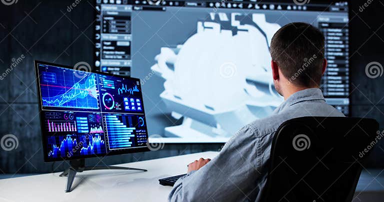 Engineer Doing 3D CAD Model Design on Computer Stock Illustration ...