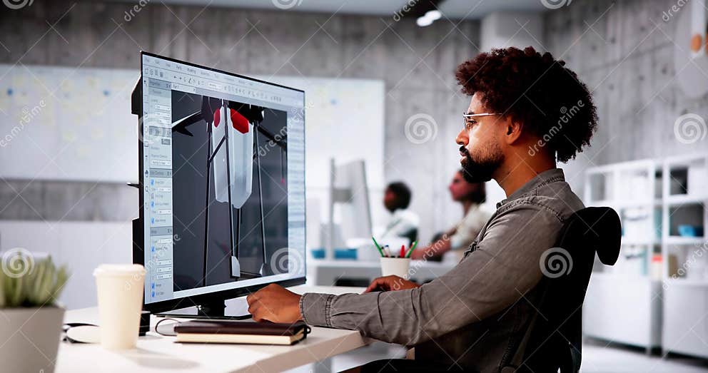 Engineer Doing 3D CAD Model Design on Computer Stock Illustration ...