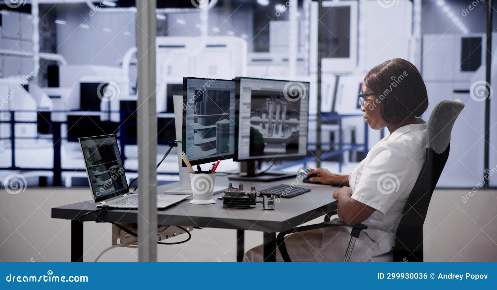 Engineer Doing 3D CAD Model Design on Computer Stock Illustration ...