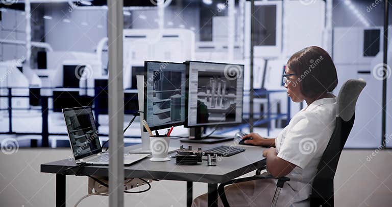 Engineer Doing 3D CAD Model Design on Computer Stock Illustration ...