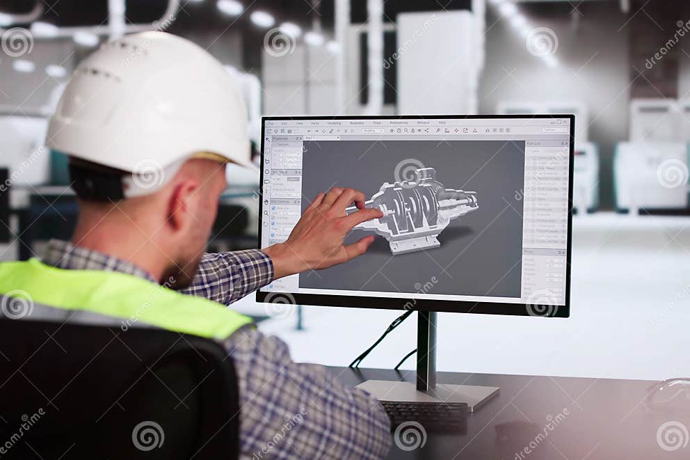 Engineer Doing 3D CAD Model Design on Computer Stock Illustration ...