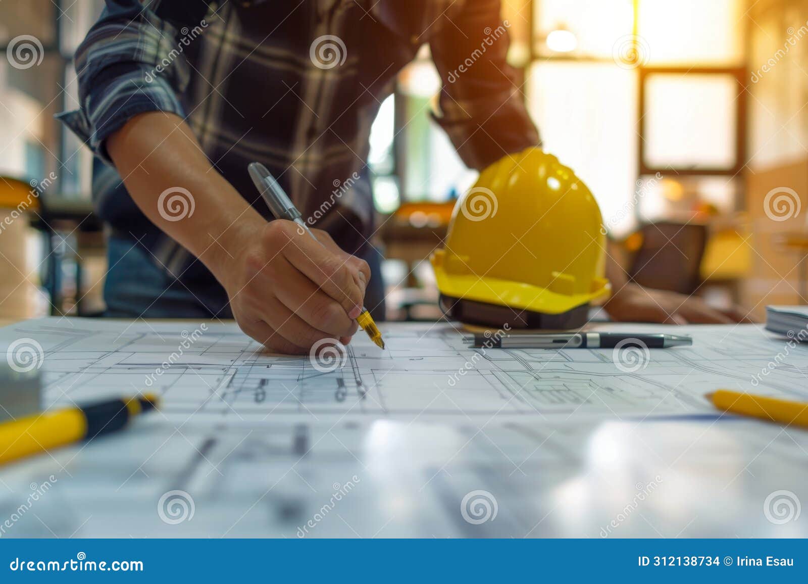 Engineer Drafting Plan on Blueprints Stock Photo - Image of civil ...