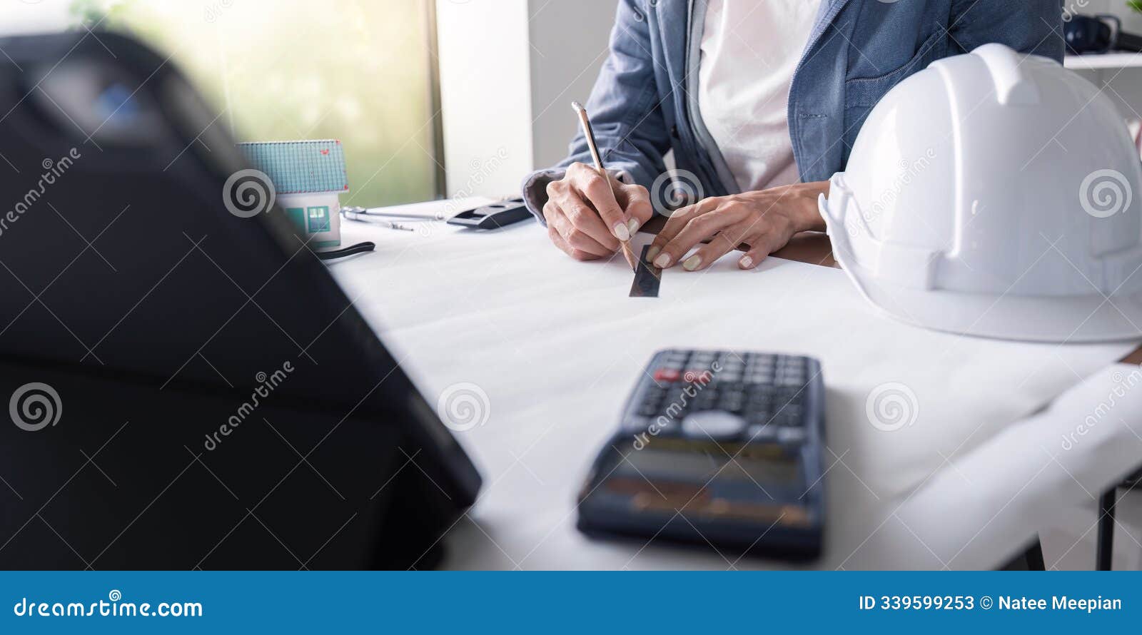 Engineer Drafting Technical Blueprints for Construction Planning Stock ...