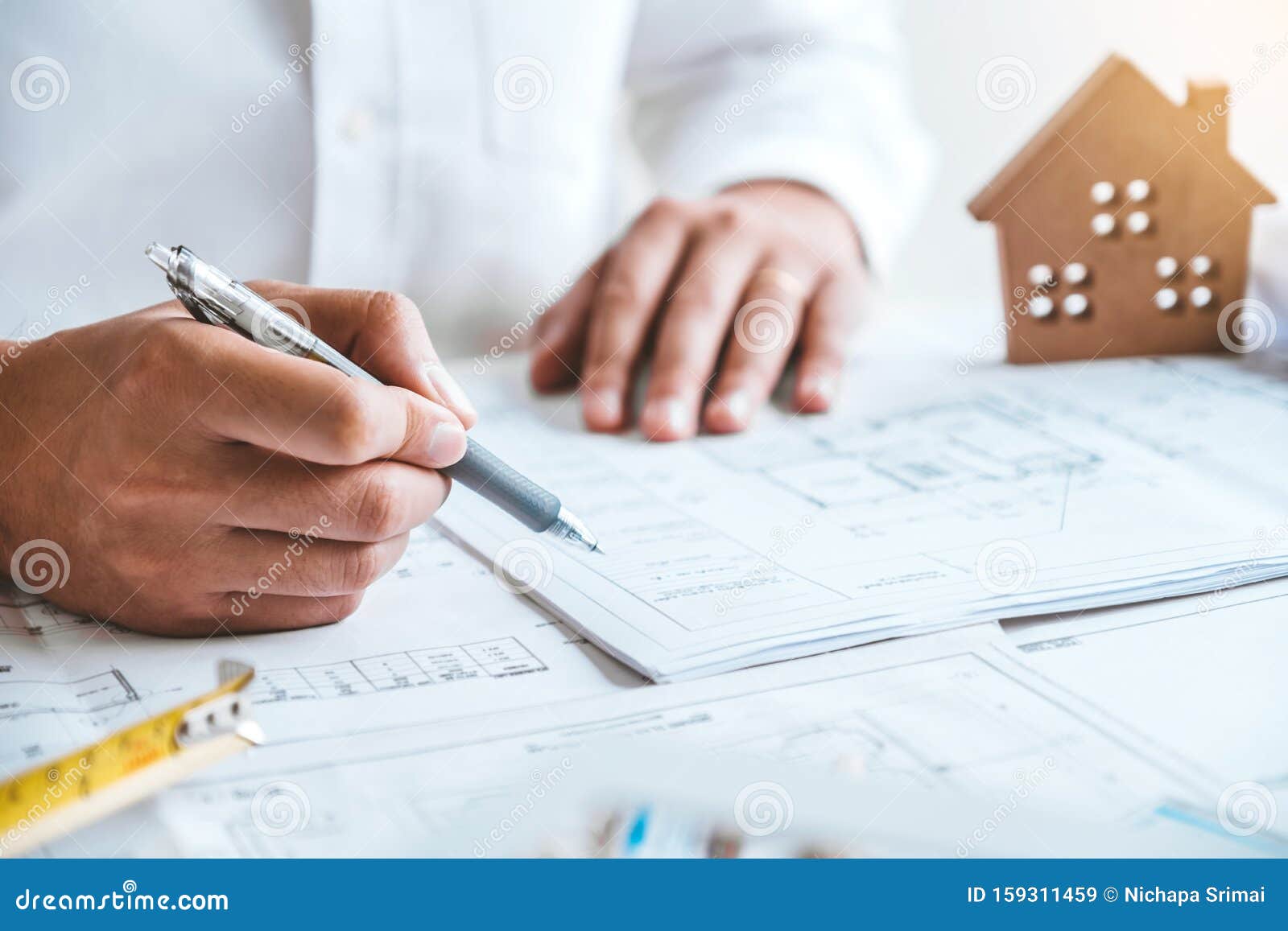 Engineer Drawing Graphic Planning Working with Architectural Project on ...