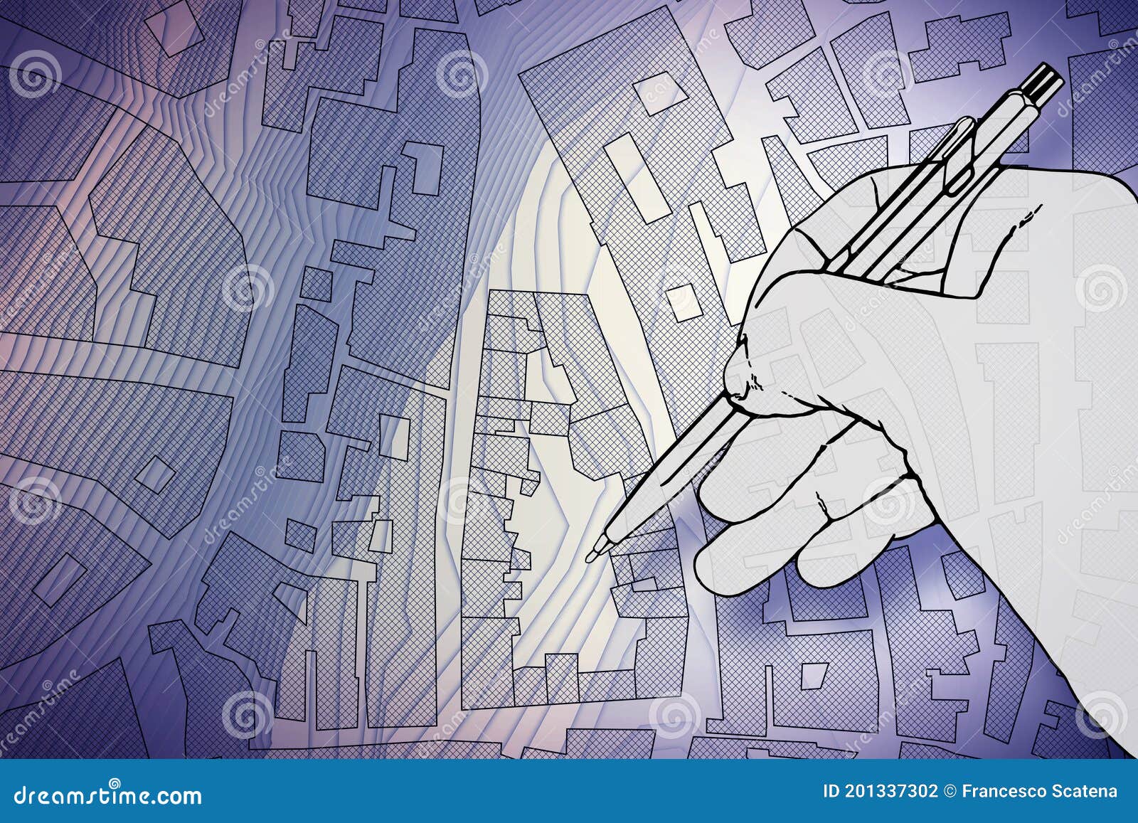 Engineer Drawing an Imaginary City Map of Territory with Buildings ...