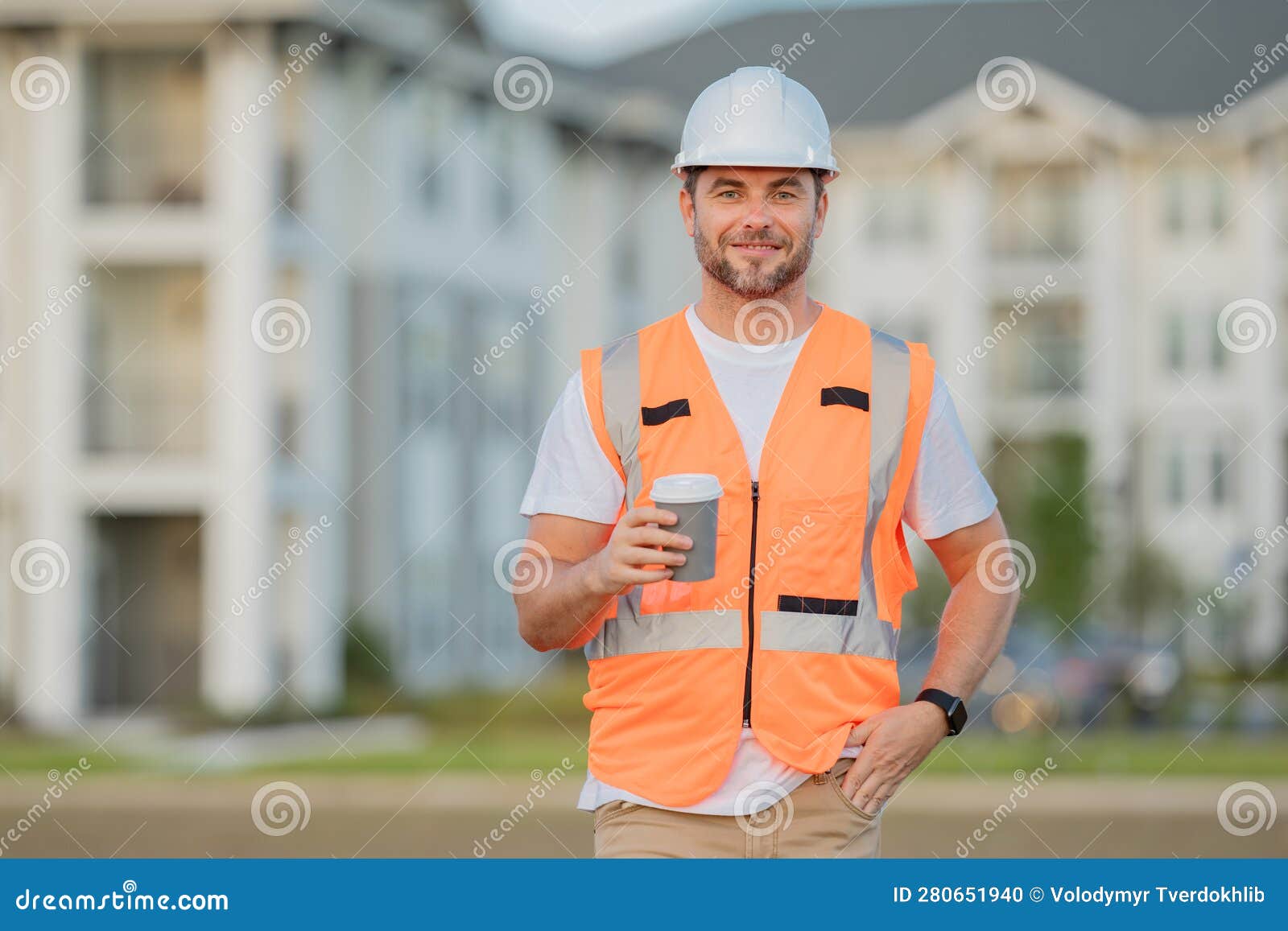 Engineer Drinking Take Away Coffee on Break. Builder on Site ...