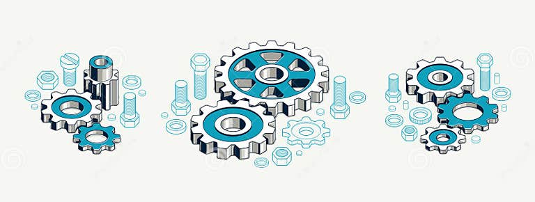 Engineer Education Concept Set, Gears and Cogs Composition Isometric 3D ...