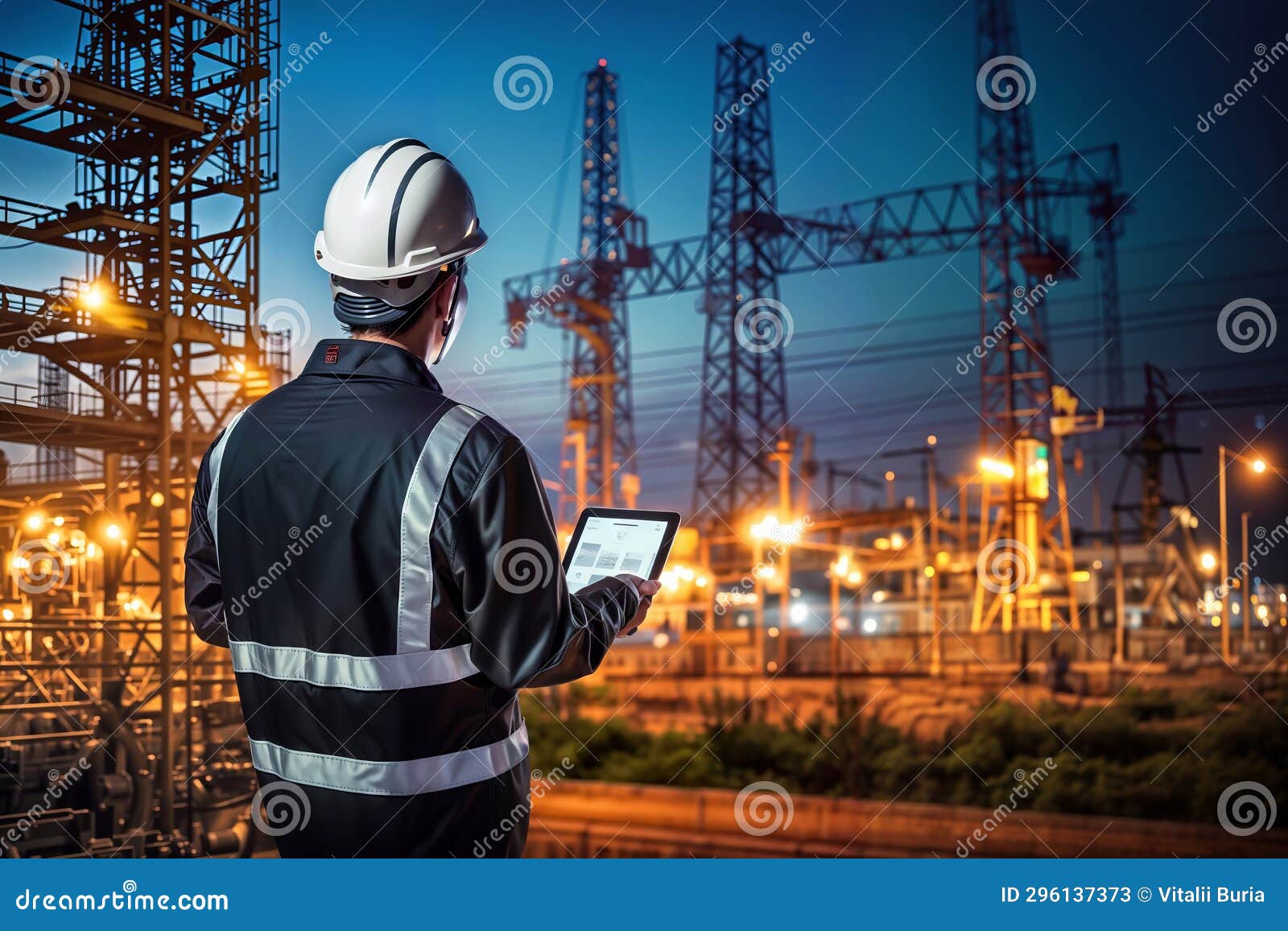 Engineer Working with Tablet Computer at Construction Site Background ...