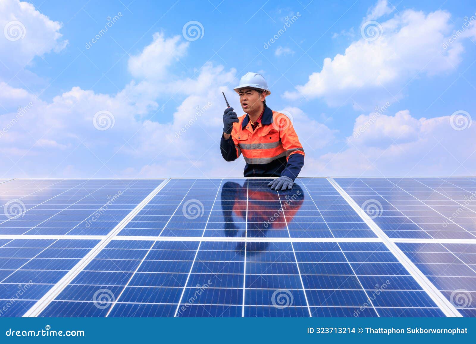 Engineer Einspects Solar Panels, Angle View Blue Sky Backgrounds Stock ...